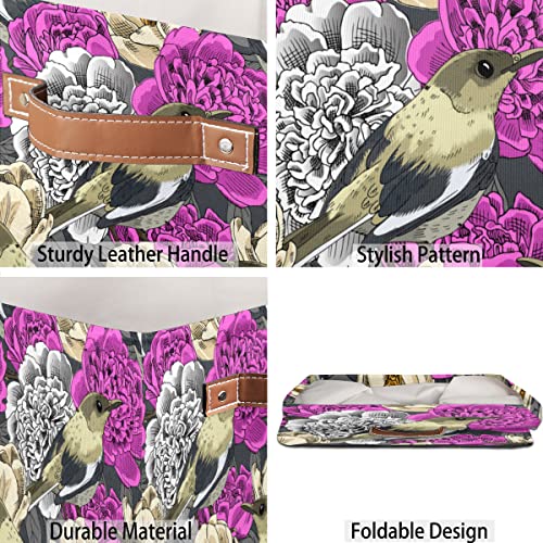 Large Collapsible Storage Bins,Bird Peony Flower Decorative Canvas Fabric Storage Boxes Organizer with Handles,Cube Square Baskets Bin for Home Shelves Closet Nursery Gifts