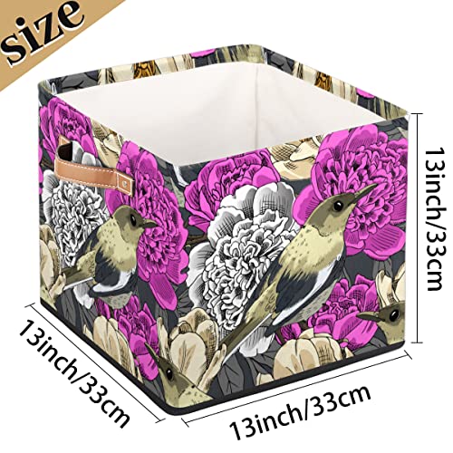 Large Collapsible Storage Bins,Bird Peony Flower Decorative Canvas Fabric Storage Boxes Organizer with Handles,Cube Square Baskets Bin for Home Shelves Closet Nursery Gifts