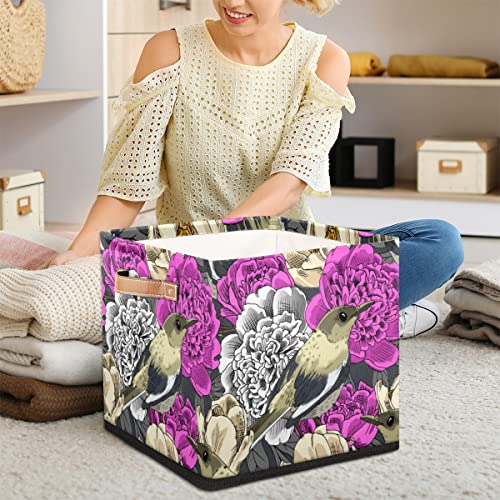 Large Collapsible Storage Bins,Bird Peony Flower Decorative Canvas Fabric Storage Boxes Organizer with Handles,Cube Square Baskets Bin for Home Shelves Closet Nursery Gifts