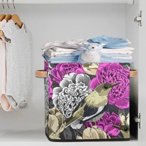 Large Collapsible Storage Bins,Bird Peony Flower Decorative Canvas Fabric Storage Boxes Organizer with Handles,Cube Square Baskets Bin for Home Shelves Closet Nursery Gifts