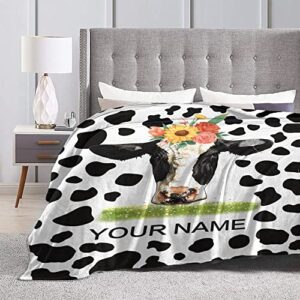 Personalized Cow Print Blanket with Name，Text Custom Cow Blanket Soft Warm Cozy Flannel Cow Print Bedding Throw Blankets for Sofa Girls Boys Adults Birthday Newborn Gifts