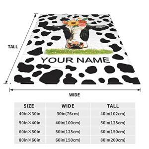 Personalized Cow Print Blanket with Name，Text Custom Cow Blanket Soft Warm Cozy Flannel Cow Print Bedding Throw Blankets for Sofa Girls Boys Adults Birthday Newborn Gifts