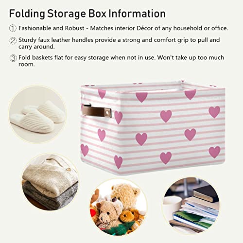 Kigai Romantic Pink Hearts Square Storage Basket, Portable Leather Storage Basket for Office, Furniture, 14.2 L x 10.2 W x 8.3 H In (1 Set).