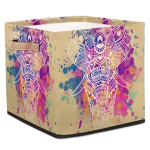 gzleyigou large collapsible storage bins,watercolor elephant decorative canvas fabric storage boxes organizer with handles,cube square baskets bin for home shelves closet nursery gifts