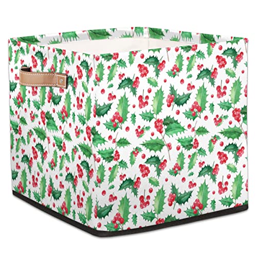 Large Collapsible Storage Bins,Christmas Berry Leaf Decorative Canvas Fabric Storage Boxes Organizer with Handles,Cube Square Baskets Bin for Home Shelves Closet Nursery Gifts