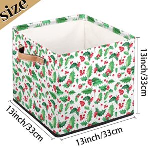 Large Collapsible Storage Bins,Christmas Berry Leaf Decorative Canvas Fabric Storage Boxes Organizer with Handles,Cube Square Baskets Bin for Home Shelves Closet Nursery Gifts