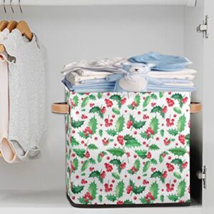 Large Collapsible Storage Bins,Christmas Berry Leaf Decorative Canvas Fabric Storage Boxes Organizer with Handles,Cube Square Baskets Bin for Home Shelves Closet Nursery Gifts