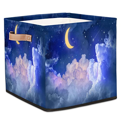 Large Collapsible Storage Bins,Night Sky with Moon Stars Decorative Canvas Fabric Storage Boxes Organizer with Handles,Cube Square Baskets Bin for Home Shelves Closet Nursery Gifts