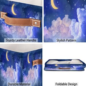 Large Collapsible Storage Bins,Night Sky with Moon Stars Decorative Canvas Fabric Storage Boxes Organizer with Handles,Cube Square Baskets Bin for Home Shelves Closet Nursery Gifts