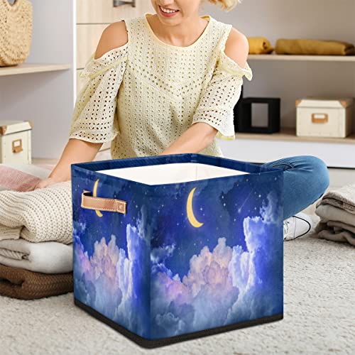 Large Collapsible Storage Bins,Night Sky with Moon Stars Decorative Canvas Fabric Storage Boxes Organizer with Handles,Cube Square Baskets Bin for Home Shelves Closet Nursery Gifts