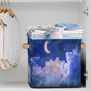 Large Collapsible Storage Bins,Night Sky with Moon Stars Decorative Canvas Fabric Storage Boxes Organizer with Handles,Cube Square Baskets Bin for Home Shelves Closet Nursery Gifts