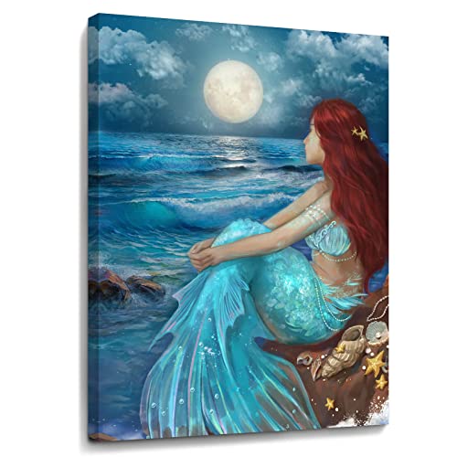 Girl Wall Decorations Blue Ocean Wall Art Bedroom Decor for Women Moon Night Wall Painting Shell Canvas Prints Size 12"x 16"