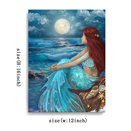 Girl Wall Decorations Blue Ocean Wall Art Bedroom Decor for Women Moon Night Wall Painting Shell Canvas Prints Size 12"x 16"