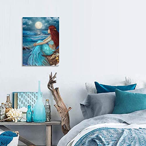 Girl Wall Decorations Blue Ocean Wall Art Bedroom Decor for Women Moon Night Wall Painting Shell Canvas Prints Size 12"x 16"