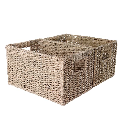 Water Hyacinth Storage Baskets for Organizing, Rectangular Wicker Baskets with Built-in Handles (13 x 8.25 x 7 inches, Natural (Seagrass)A)