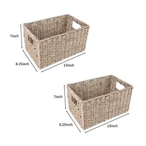 Water Hyacinth Storage Baskets for Organizing, Rectangular Wicker Baskets with Built-in Handles (13 x 8.25 x 7 inches, Natural (Seagrass)A)