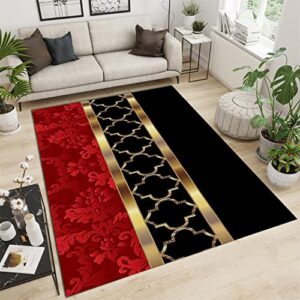 Large Abstract Art Area Rug,5x7ft,Minimalist Modern Red Gold and Black Living Room Decorative Carpet，Suitable for Bedroom Office Study Dining Room Soft and Comfortable Creative Design Carpet Mat