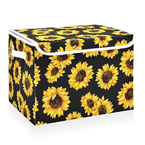 CaTaKu Sunflower Black Storage Bins with Lids Fabric Large Storage Container Cube Basket with Handle Decorative Storage Boxes for Organizing Clothes Shelves