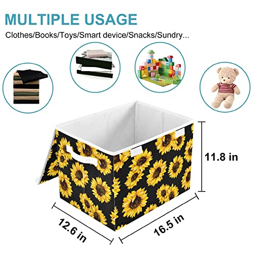 CaTaKu Sunflower Black Storage Bins with Lids Fabric Large Storage Container Cube Basket with Handle Decorative Storage Boxes for Organizing Clothes Shelves