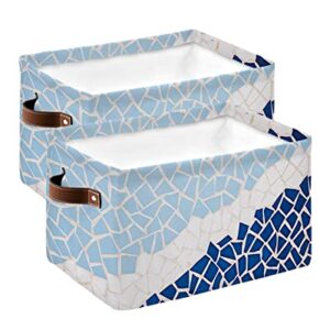 Storage Organizer Bins Set of 2 Storage Baskets for Clothes on Shelves With Handles Tile Pattern Marble Indigo Blue Rectangular Fabric Laundry Baskets for Organizing