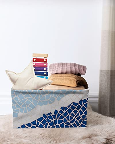 Storage Organizer Bins Set of 2 Storage Baskets for Clothes on Shelves With Handles Tile Pattern Marble Indigo Blue Rectangular Fabric Laundry Baskets for Organizing