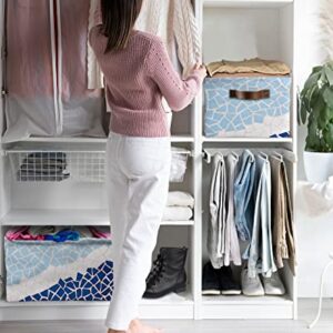 Storage Organizer Bins Set of 2 Storage Baskets for Clothes on Shelves With Handles Tile Pattern Marble Indigo Blue Rectangular Fabric Laundry Baskets for Organizing