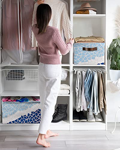 Storage Organizer Bins Set of 2 Storage Baskets for Clothes on Shelves With Handles Tile Pattern Marble Indigo Blue Rectangular Fabric Laundry Baskets for Organizing