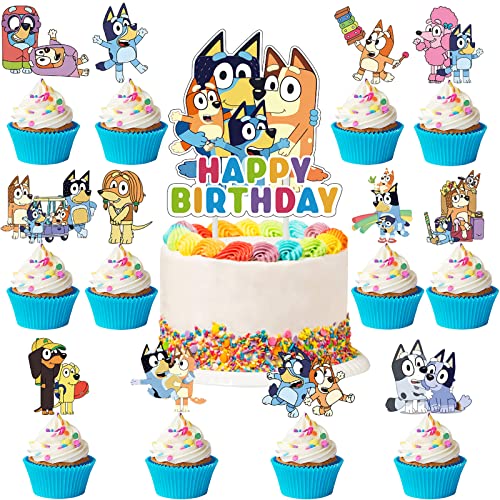 LIT-DAWN 25PCS Blue Dog Cake Cupcake Topper Decorations Cartoon Dog Happy Birthday Party Supplies for Kids Party Favors