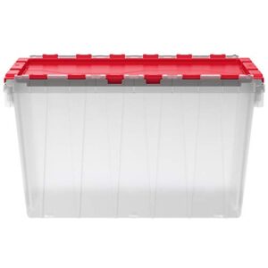 PRACHY 12 Gallon Plastic Stackable Storage Tote with Hinged Lid, 21-1/2" x 15" x 12-1/2", Clear/Red