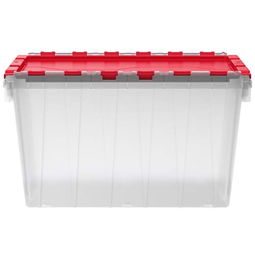 PRACHY 12 Gallon Plastic Stackable Storage Tote with Hinged Lid, 21-1/2" x 15" x 12-1/2", Clear/Red