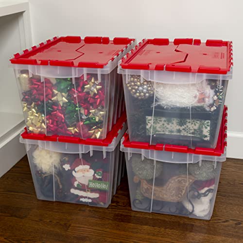 PRACHY 12 Gallon Plastic Stackable Storage Tote with Hinged Lid, 21-1/2" x 15" x 12-1/2", Clear/Red