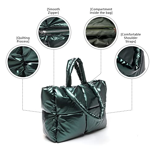 DAATUANG Puffer Tote Bag With Zipper Green Puffer Shoulder Bag Trendy Puffer Quilted Handbag Puffer Bags For Women Luxury Puffer Bags Great Gift Green Puffer Quilted Handbag Anthropologie Puffer Tote