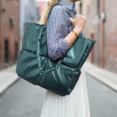 DAATUANG Puffer Tote Bag With Zipper Green Puffer Shoulder Bag Trendy Puffer Quilted Handbag Puffer Bags For Women Luxury Puffer Bags Great Gift Green Puffer Quilted Handbag Anthropologie Puffer Tote