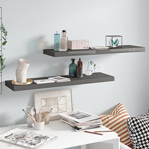 YUHI-HQYD Floating Wall Shelves,Wall Shelves for Living Room,Earthy Room Decor,Shelves for Wall Storage,Invisible mounting System,for Bedroom, Living Room, 2 pcs High Gloss Gray 35.4"x9.3"x1.5" MDF