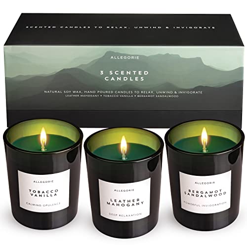 Set of Three Scented Candles for Men | Masculine scents of Bergamot & Sandalwood. Leather & Mahogany, Tobacco & Vanilla | 3 x Natural Soy Wax Candle for Men (5.6oz)