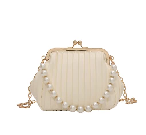 Pearl Purse Bag Cute Bride Purse Bride Bag Bridal Wedding Bag Bridal Shower Bachelorette Pleated Clutch Crossbody Removable (Ivory/Cream/Offwhite)