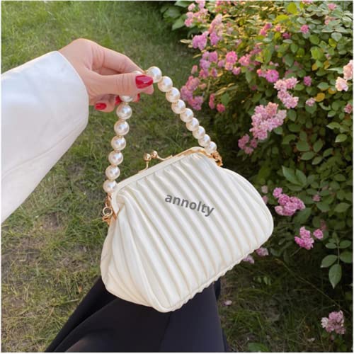 Pearl Purse Bag Cute Bride Purse Bride Bag Bridal Wedding Bag Bridal Shower Bachelorette Pleated Clutch Crossbody Removable (Ivory/Cream/Offwhite)