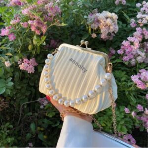 Pearl Purse Bag Cute Bride Purse Bride Bag Bridal Wedding Bag Bridal Shower Bachelorette Pleated Clutch Crossbody Removable (Ivory/Cream/Offwhite)