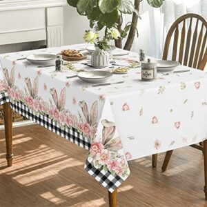 Horaldaily Easter Tablecloth 60x84 Inch, Spring Flower Buffalo Plaid Bunny Ear Table Cover for Party Picnic Dinner Decor