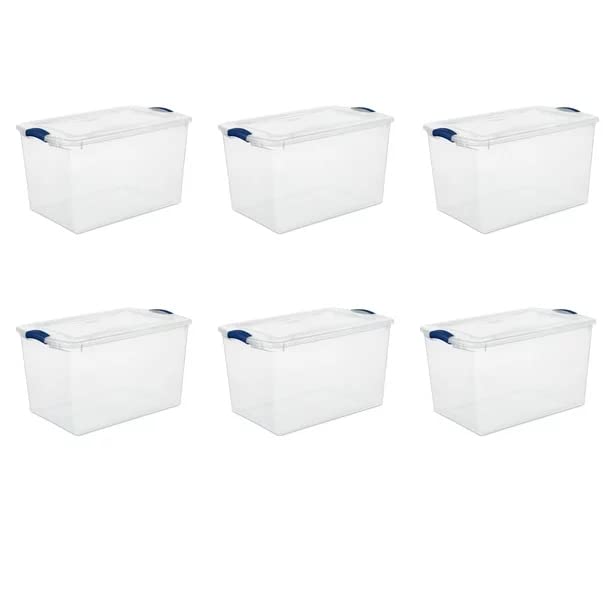 LJING 66 Qt Latch Box Clear Plastic Stackable Storage Bin w/Blue Latching Lid Organizing Solution, Set of 6