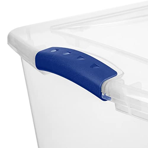 LJING 66 Qt Latch Box Clear Plastic Stackable Storage Bin w/Blue Latching Lid Organizing Solution, Set of 6