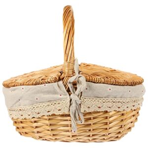 bestonzon wicker storage basket wicker picnic basket with gingham liner wooden lid easter egg and candy basket wine basket storage basket for beach camping park outdoor party beige storage baskets