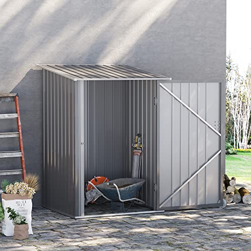 Outsunny 3.3' x 3.4' Lean-to Garden Storage Shed, Small Outdoor Galvanized Steel Tool House with Lockable Door for Patio, Backyard, Lawn, Gray