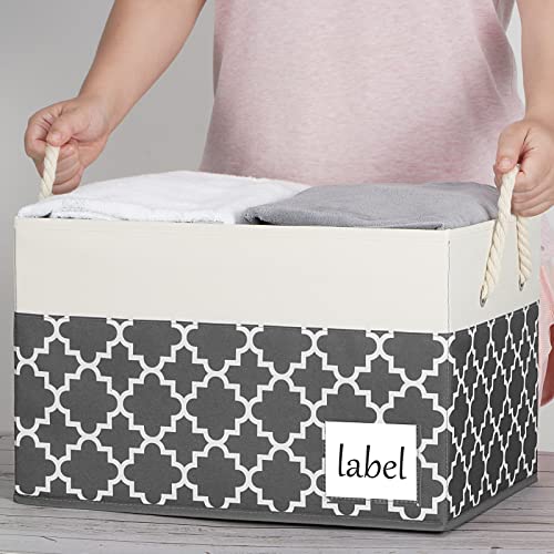 RVSNQ Extra Large Fabric Storage Bins 6-Pack, Foldable Storage Baskets for Organizing, Closet Storage Bins with Cotton Rope Handle and Label, Storage Baskets for Shelves Office (Grey Quatrefoil)