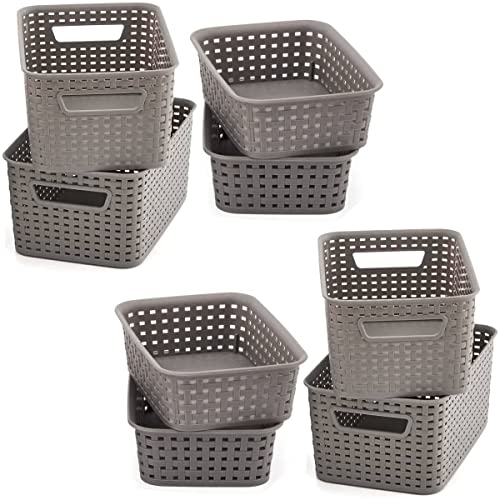 EZOWare Pack of 8 Small Gray Plastic Woven Knit Baskets For Office, Classroom, Desktop, Drawer