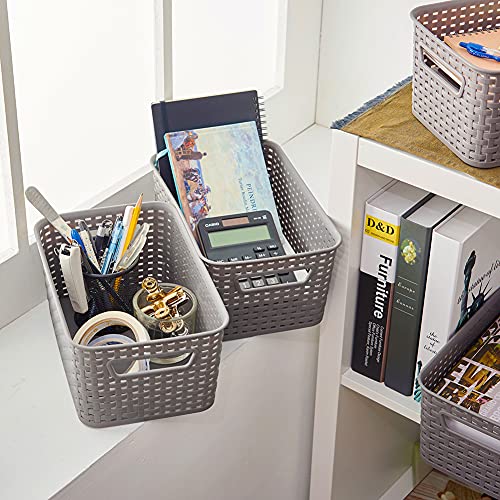 EZOWare Pack of 8 Small Gray Plastic Woven Knit Baskets For Office, Classroom, Desktop, Drawer