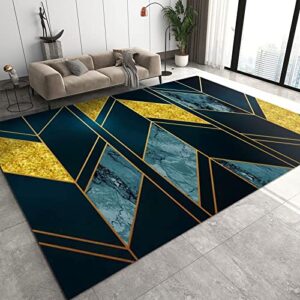 fymurol gold geometric square area rug, blue art deco rug, 3d printing washable non-slip bedroom rug large area soft suitable for living room dining room entrance corridor children’s room-3ft×5ft