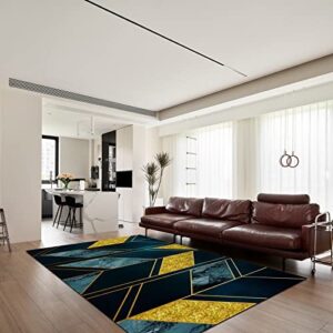 FYMUROL Gold Geometric Square Area Rug, Blue Art Deco Rug, 3D Printing Washable Non-Slip Bedroom Rug Large Area Soft Suitable for Living Room Dining Room Entrance Corridor Children's Room-3ft×5ft