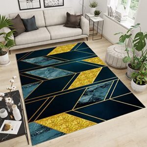 FYMUROL Gold Geometric Square Area Rug, Blue Art Deco Rug, 3D Printing Washable Non-Slip Bedroom Rug Large Area Soft Suitable for Living Room Dining Room Entrance Corridor Children's Room-3ft×5ft