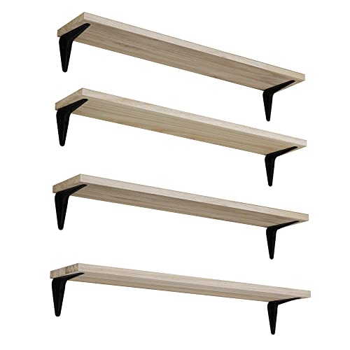 Wallniture Arras Floating Shelves for Living Room Wall Decor, Bookshelf Units Office & Kitchen Organization Wall Shelves Set of 4, Natural Wood Shelf 24"x4.5"